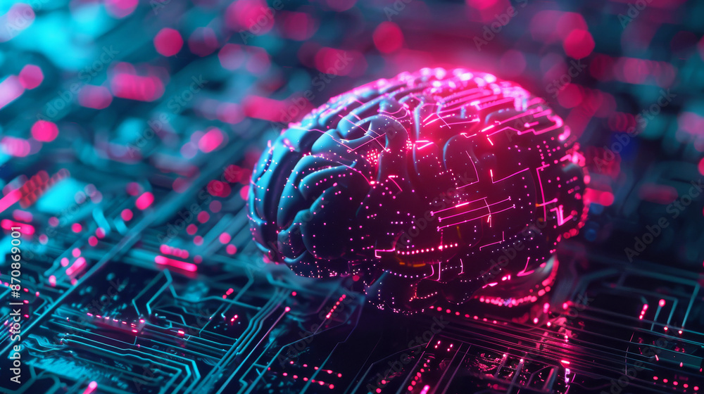 High-tech digital AI brain with metallic structure and neon lighting ...
