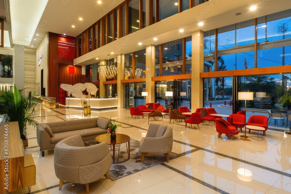 Lobby moderno y elegante de un hotel urbano, con recepción y Áreas de ...