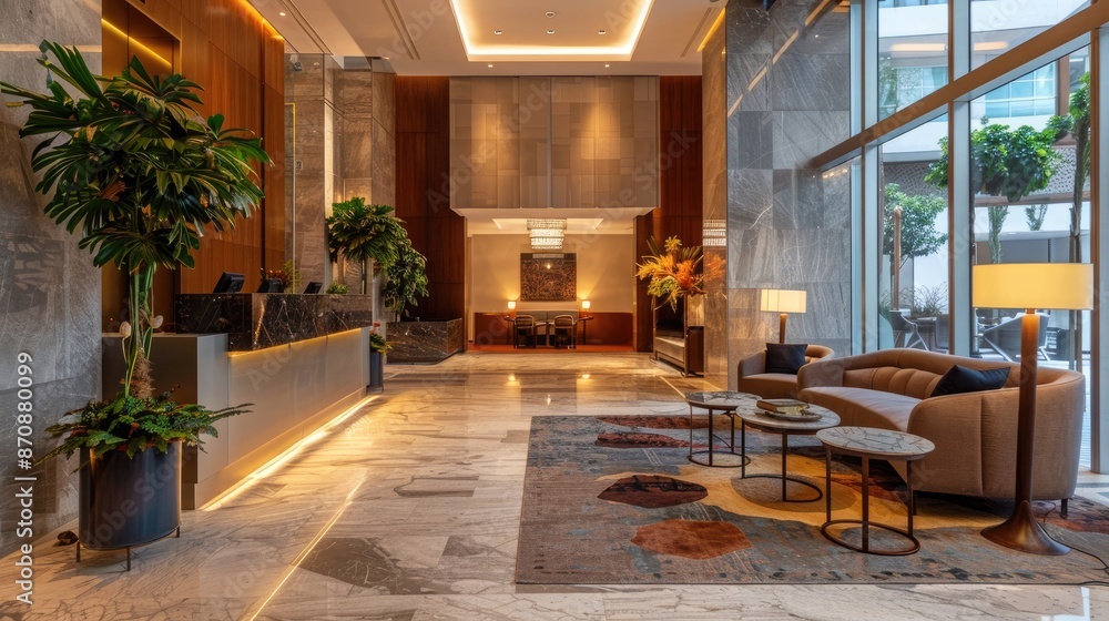 Lobby moderno y elegante de un hotel urbano, con recepción y Áreas de ...