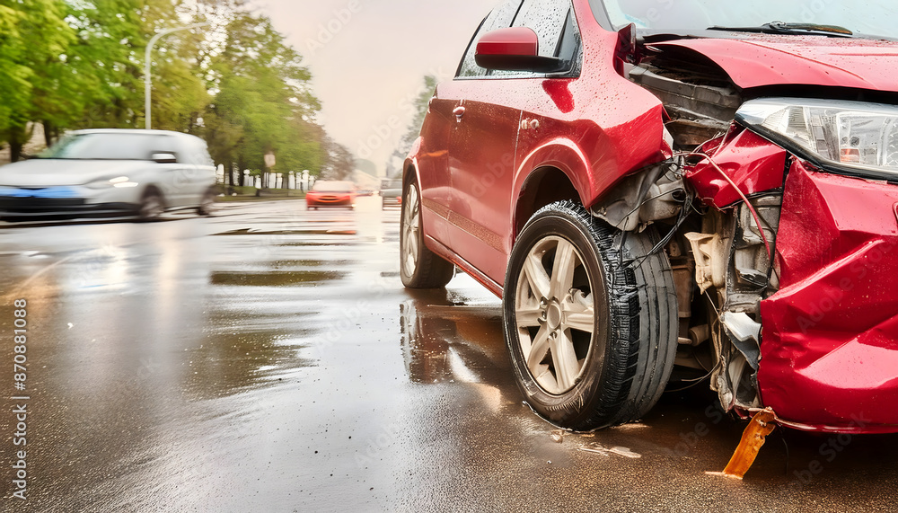 Red car with rear-end damage from a traffic accident, shown in close-up ...