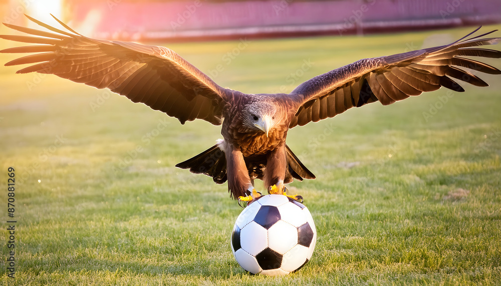 An action photograph of an eagle swooping down towards a soccer ball on ...