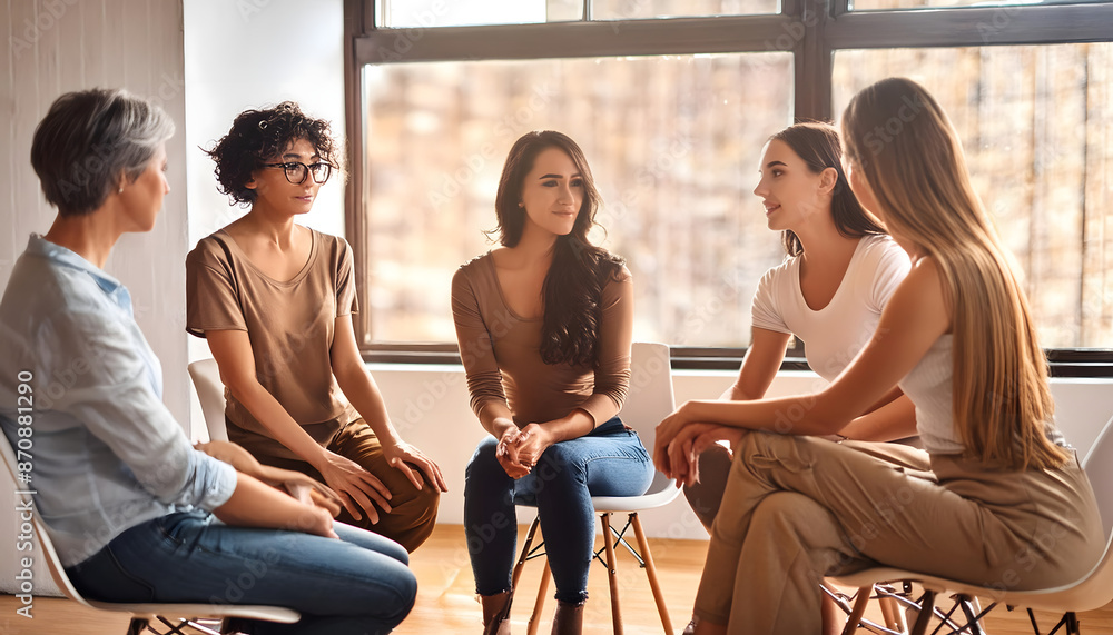 Casual group therapy session with participants engaged in supportive ...