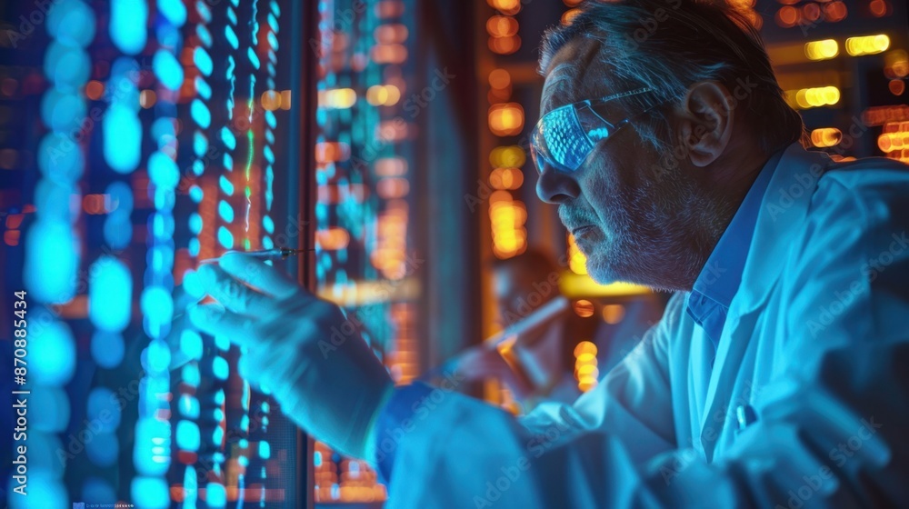 Scientists in a biotech lab conducting genetic research, with DNA ...