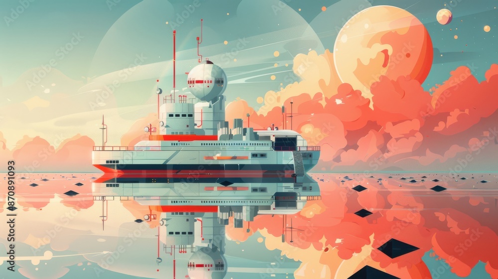 Futuristic research vessel on a reflective alien ocean with a surreal ...