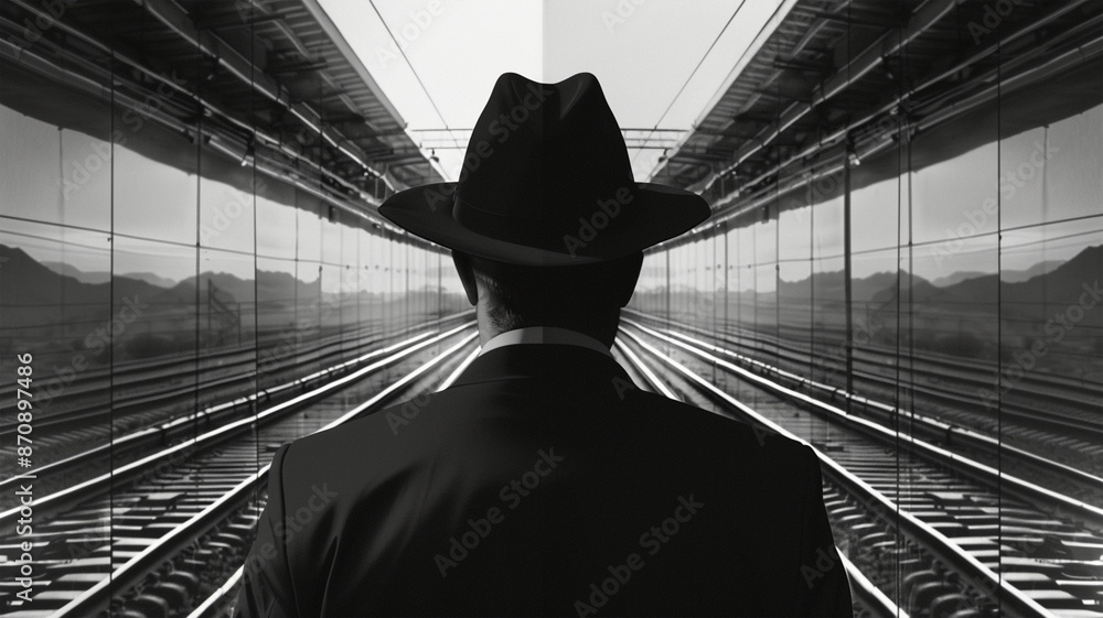 Man in hat, back view, suit transforms into a railroad scene reflected ...