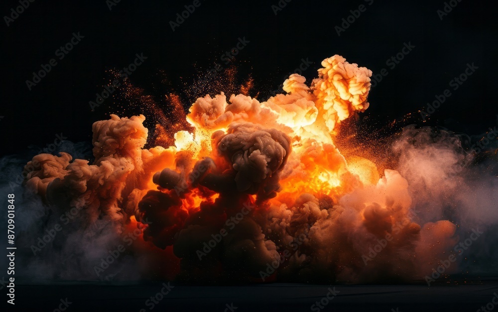 Dramatic explosion with puffs of smoke on an isolated background ...
