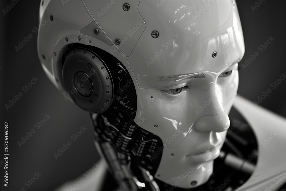 White head of robot mechanism looks to the right, artificial ...
