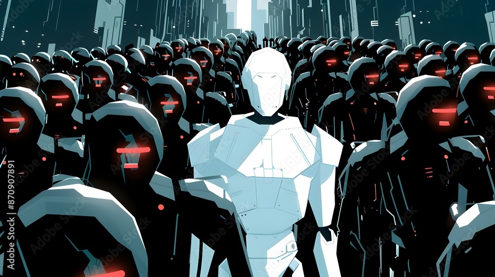 Enigmatic white robotic figure standing at the forefront of a ...