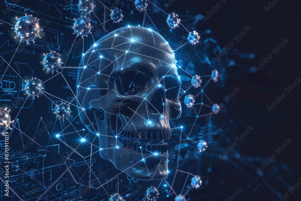Cybersecurity skull surrounded by malware symbols side view depicting ...