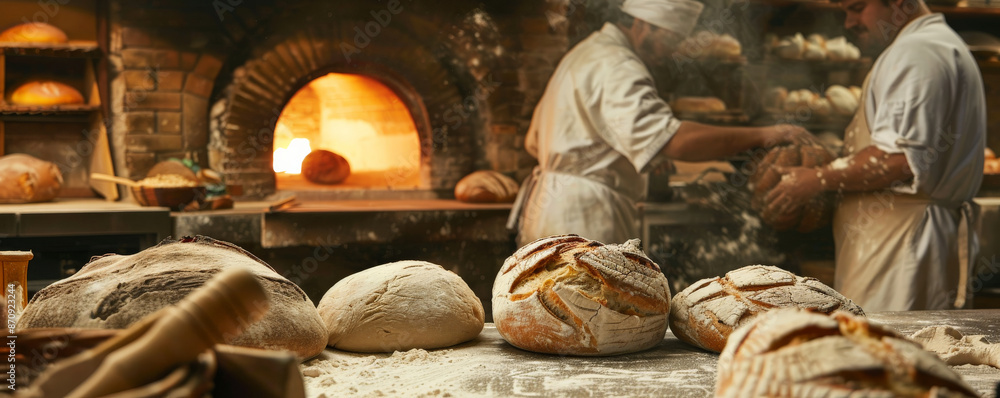 A bakery kitchen in action, with bakers shaping dough into loaves and ...