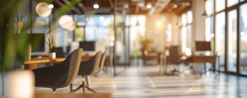 A blurred bright office background featuring open-plan workstations ...