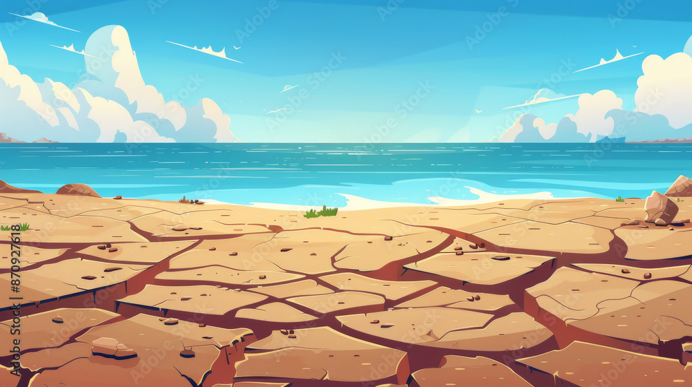 Sea beach and wasteland with dry cracked soil. Vector cartoon landscape ...