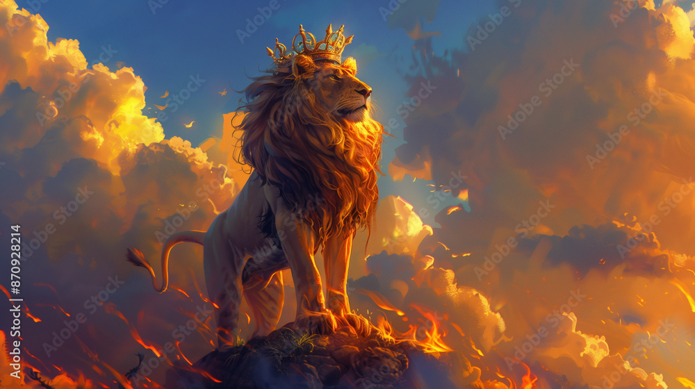 Lion of Judah with Crown in Fiery Skies - Majestic Symbol of Strength ...