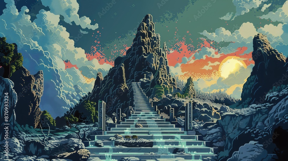Epic pixel art landscape with a mystical mountain, stairs leading to ...