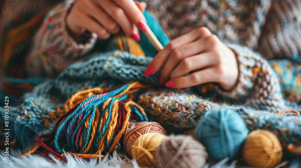 cozy knitting scene with hands crafting a colorful scarf surrounded by ...