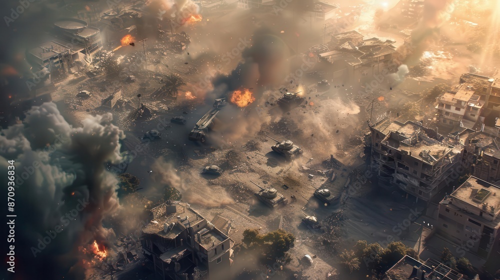 intense battle scene with a tank firing amidst smoke and chaos aerial ...