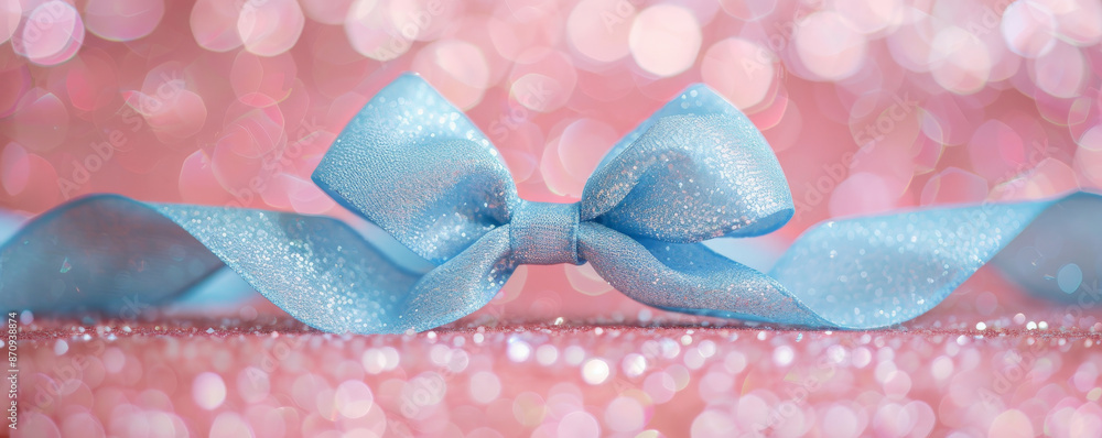 A delicate baby blue ribbon bow on a pink glitter background. The soft ...