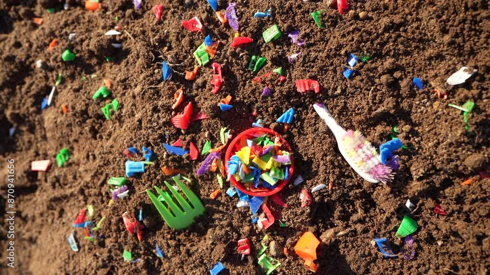 Microplastic pollution. Microplastics in ground. Soil contaminated with ...