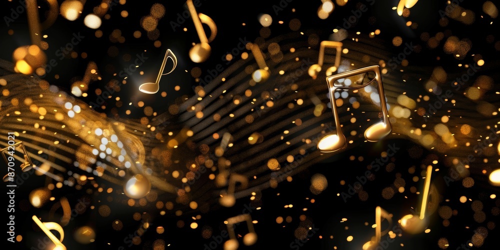 Gold musical notes flying in the air on black background with copy ...