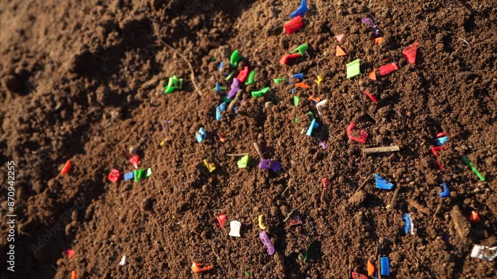 Microplastic pollution. Microplastics in ground. Soil contaminated with ...