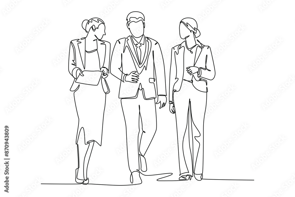 Single continuous line drawing young male and female employees talking ...