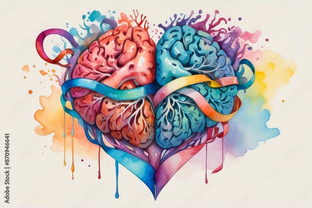 Watercolor illustration of human heart and brain connected by flowing ...