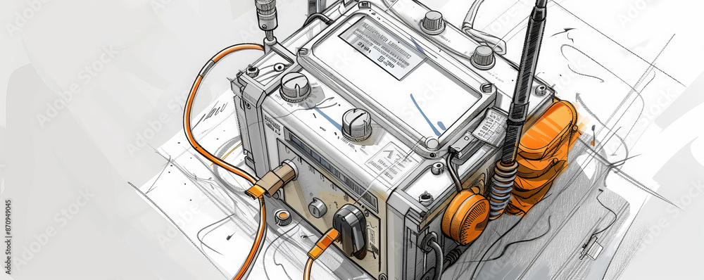 A detailed sketch of a portable field radio, featuring its antenna ...