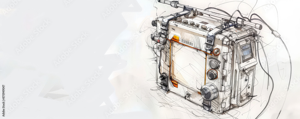 A detailed sketch of a portable field radio, featuring its antenna ...