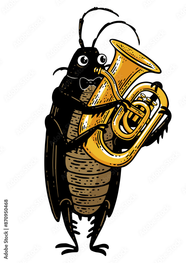 Cartoon cockroach orchestra playing the huge brass tube trumpet color ...
