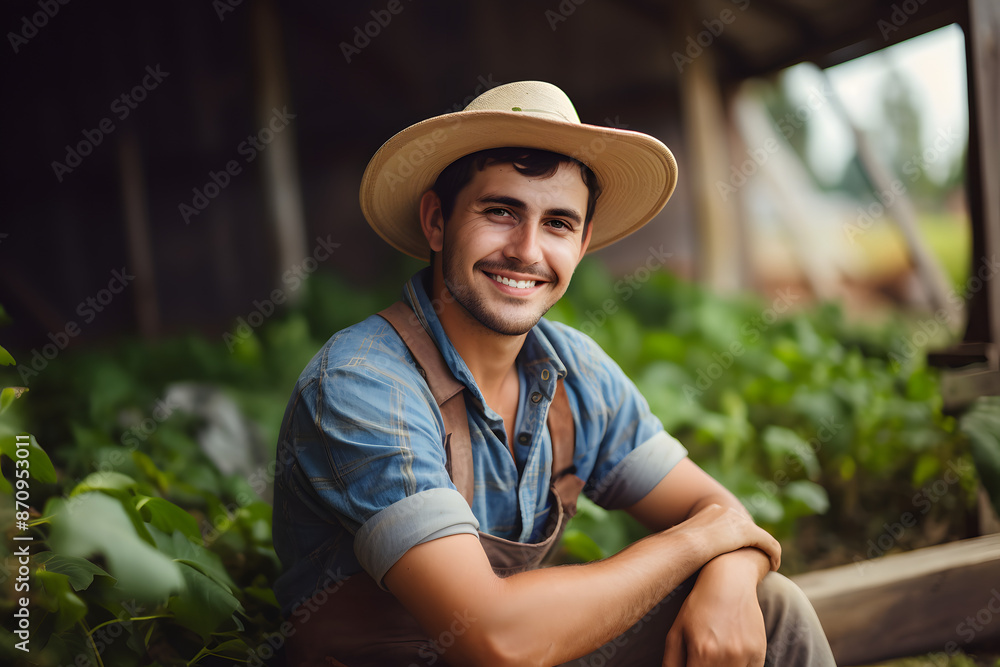 Smiling farmer in a hat sitting in front of green plants, wearing denim ...