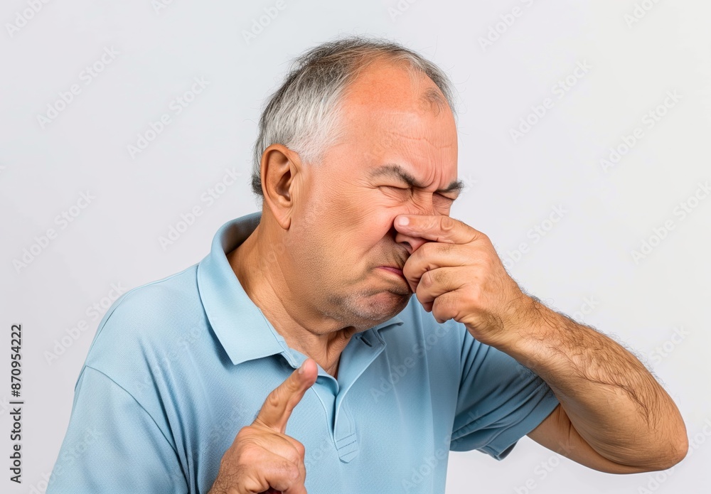 Senior Man In Blue Polo Shirt Plugging Nose Due to Unpleasant Smell ...