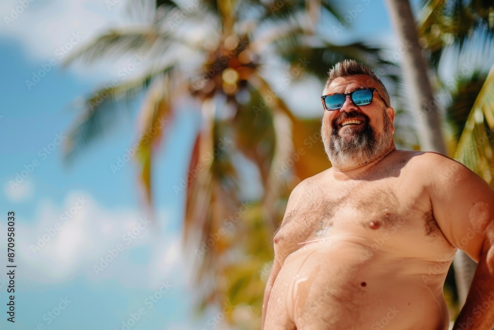 Fat man in swimsuit and sunglasses on blured beach background with palm ...