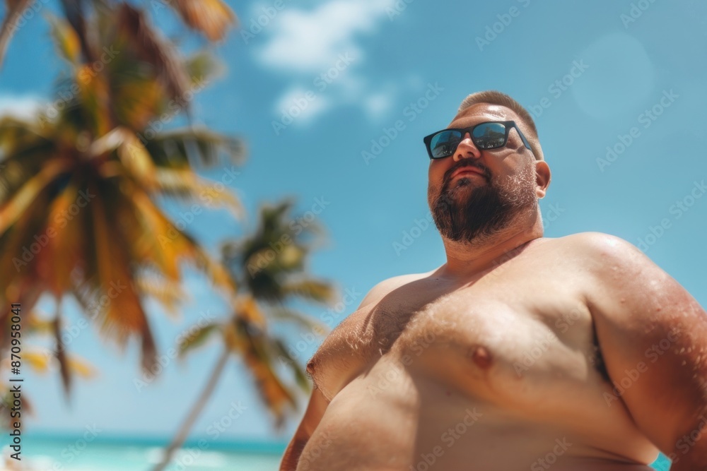 Fat man in swimsuit and sunglasses on blured beach background with palm ...