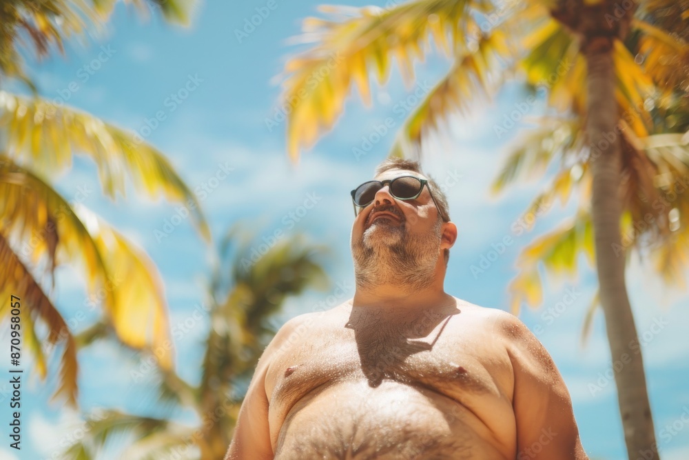 Fat man in swimsuit and sunglasses on blured beach background with palm ...