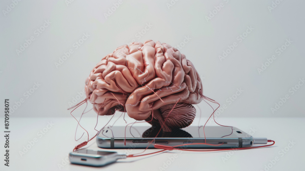An image showing a human brain connected to a smartphone with wires ...