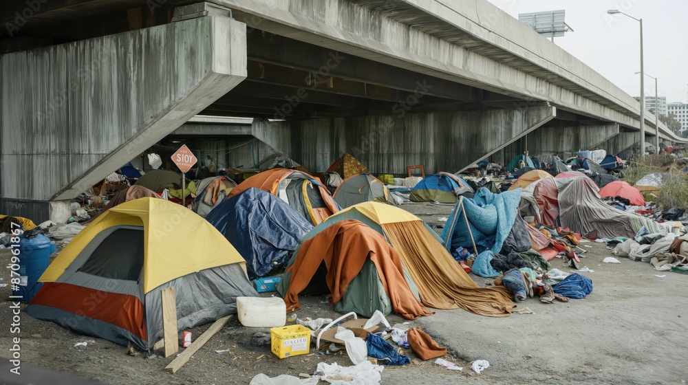 Foto de Homeless encampment under a highway overpass, showing the stark ...