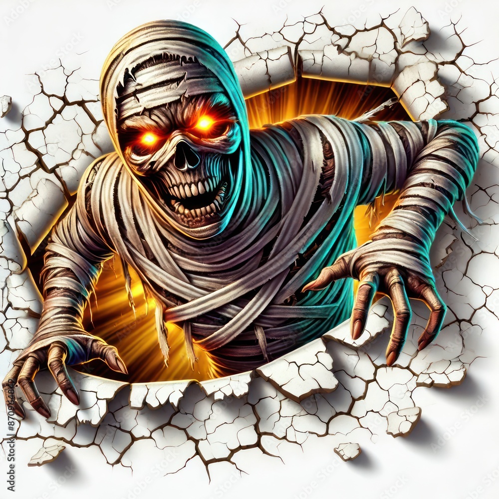 3D watercolor-style illustration of a mummy crawling out of a cracked ...