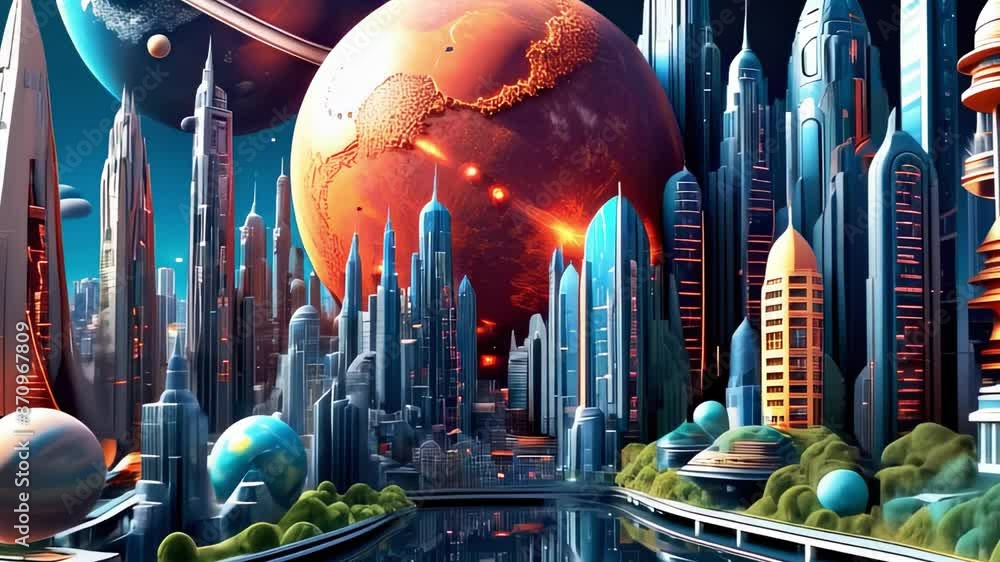 Camera movement through a sci-fi landscape. Futuristic city with ...