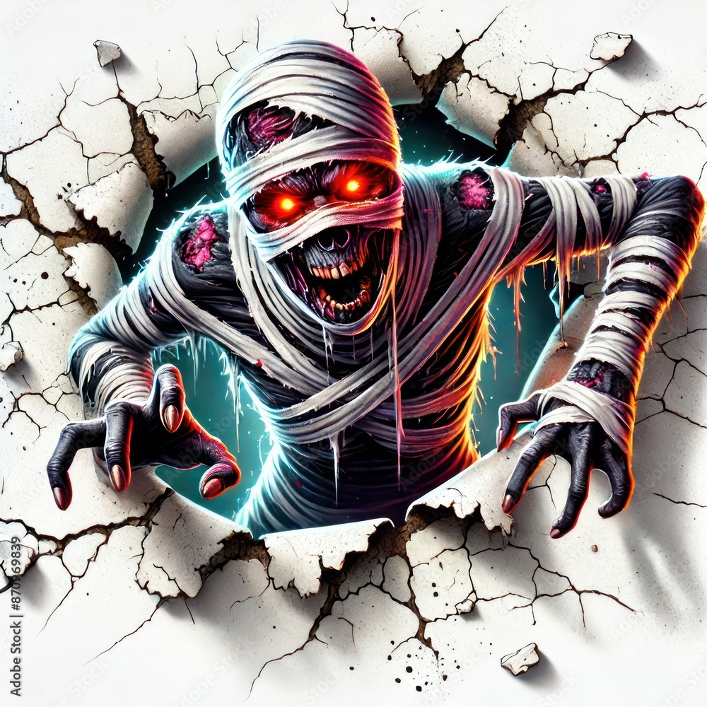 3D watercolor-style illustration of a mummy crawling out of a cracked ...