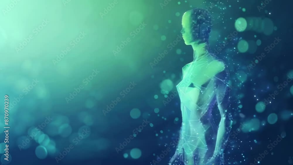 A human-like figure made of digital low-poly elements stands against a ...