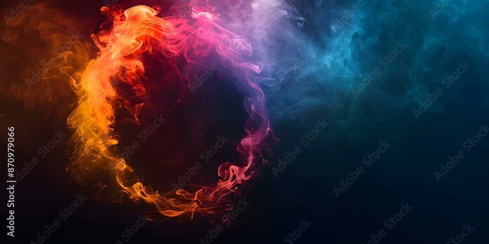 Circular rainbow colored glowing light smoke effect on black background ...