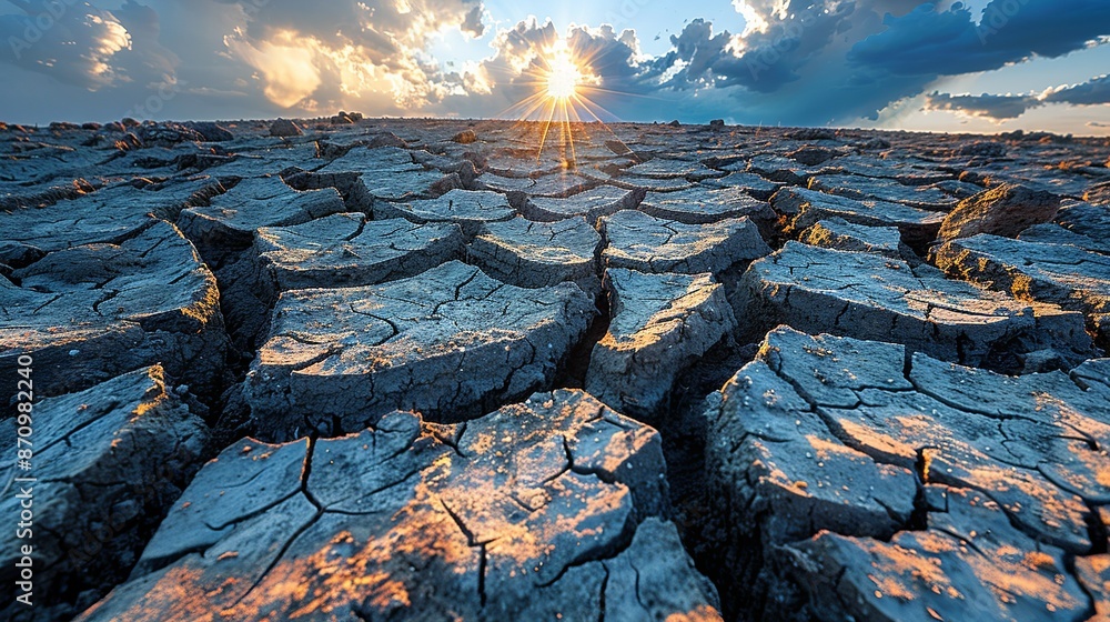 Realistic photo of a cracked, dry earth in a drought-stricken area ...