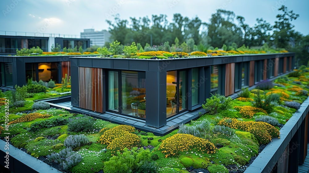 Realistic photo of a green roof on an urban building, showcasing ...