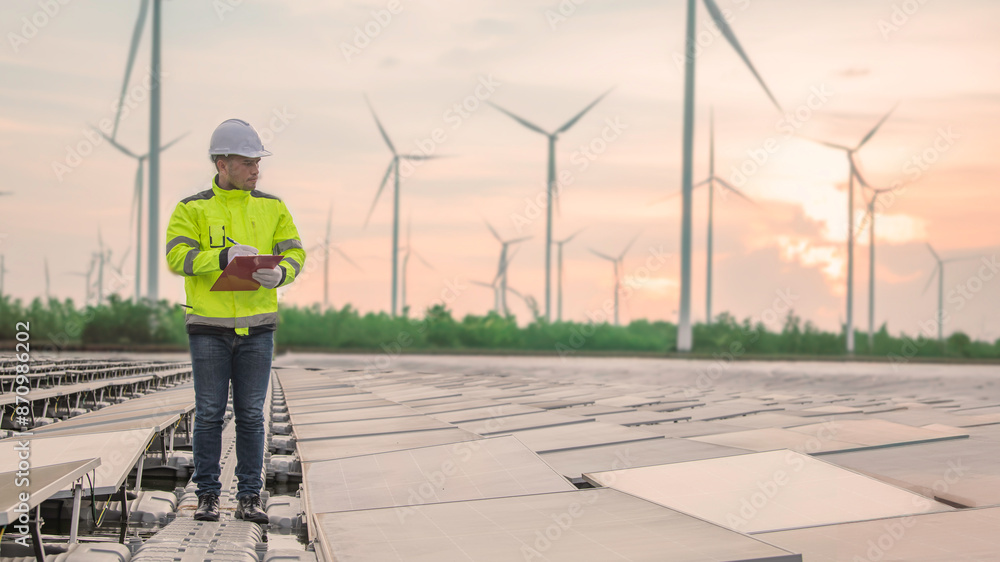 Engineer working at floating solar farm,checking and maintenance with ...