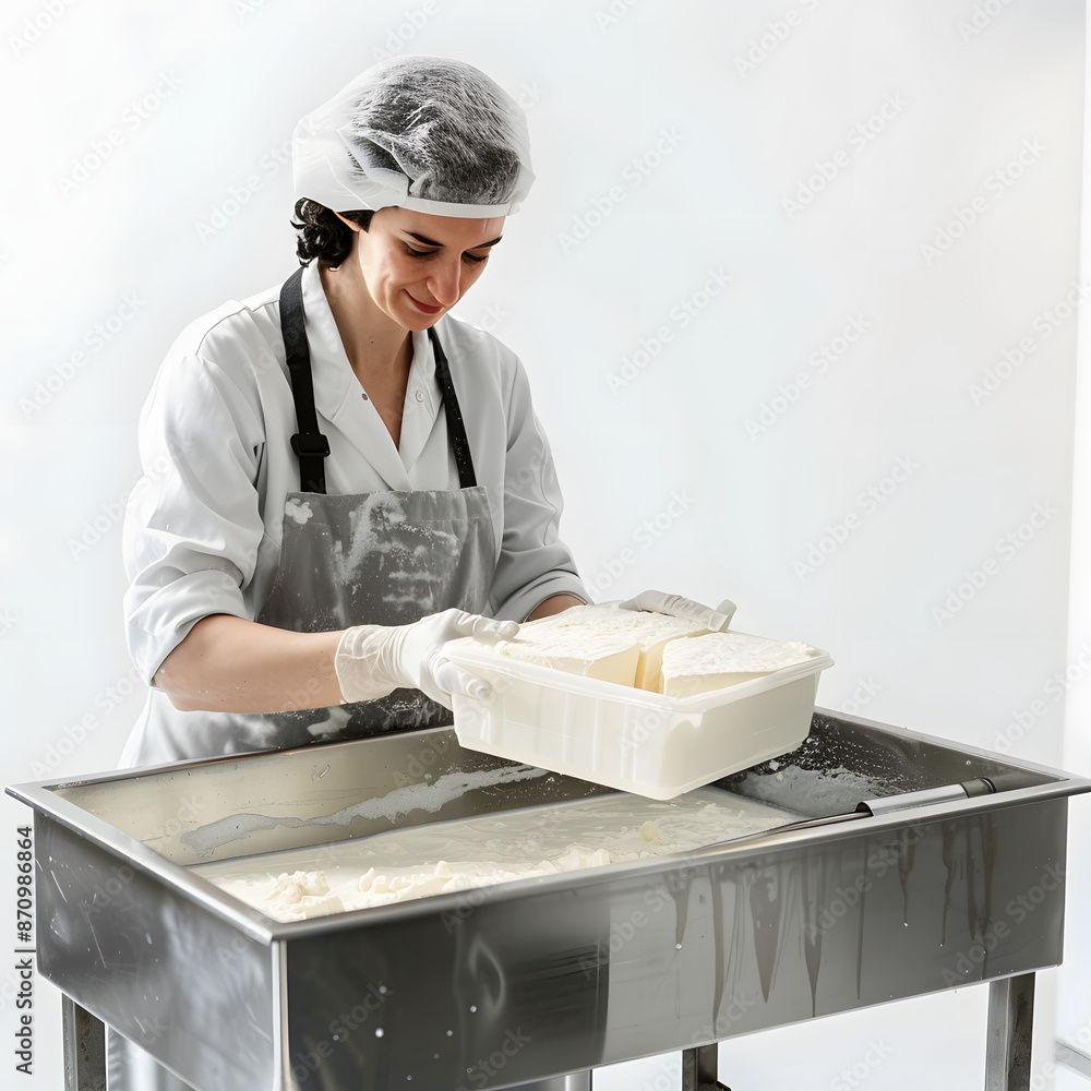 worker puts boxes with fresh mozzarella cheese in a cooling water bath ...