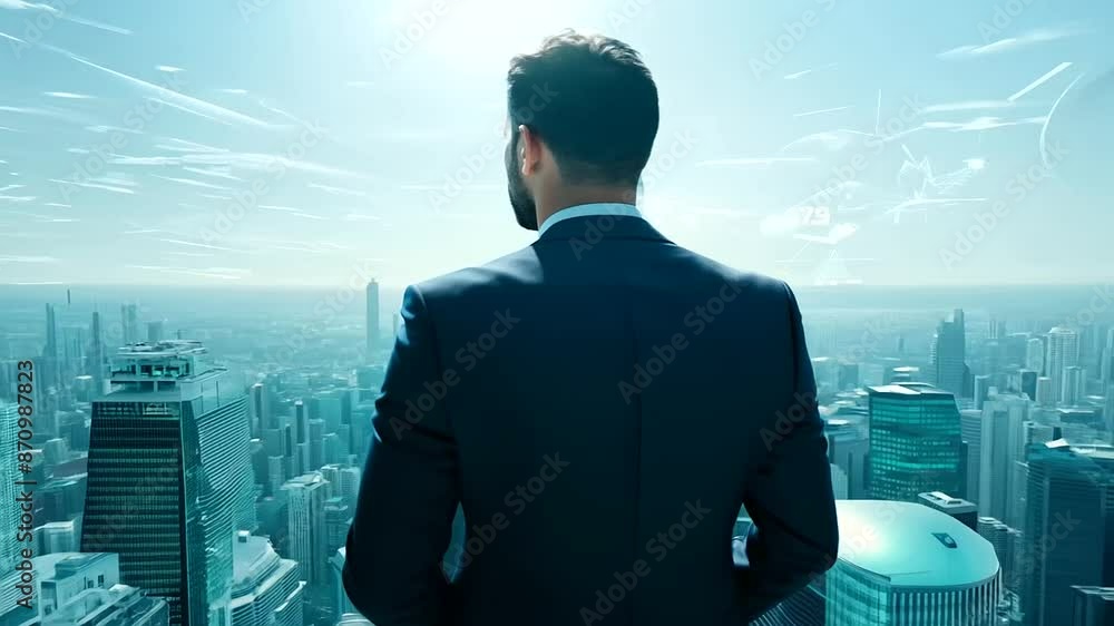 businessman contemplating the future from a high-rise rooftop with an ...