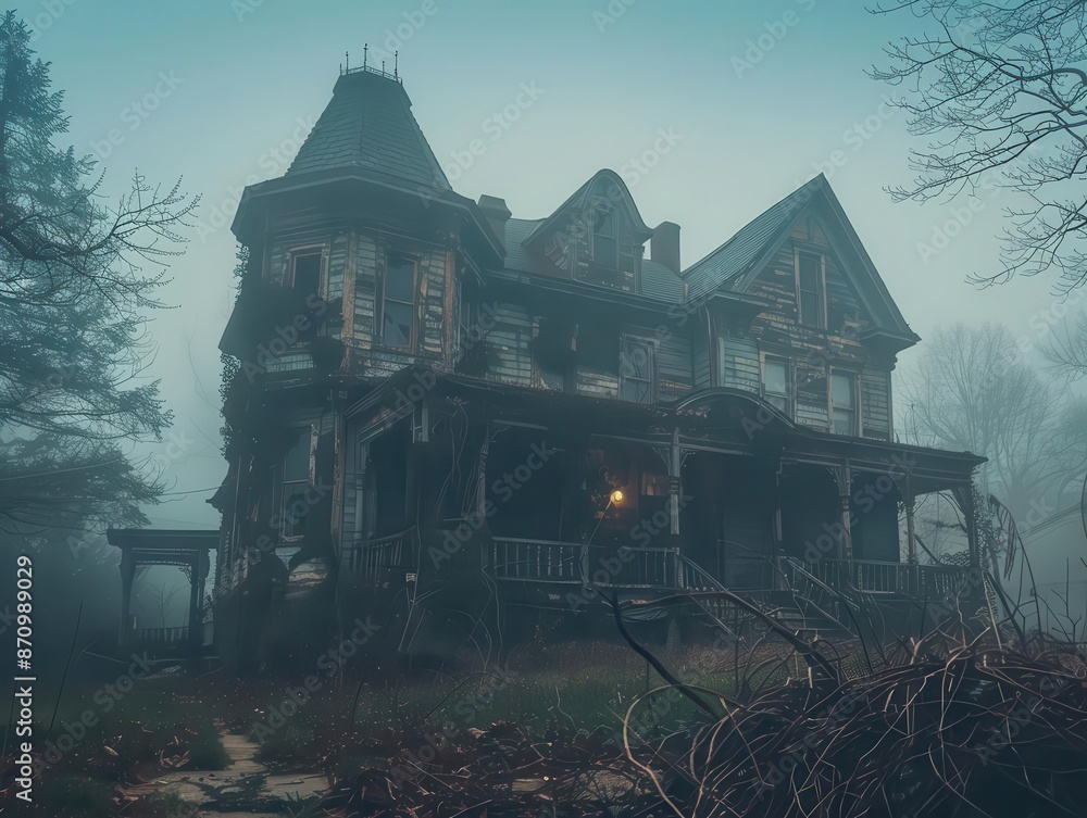 eerie abandoned mansion shrouded in mist moonlight casting long shadows dilapidated victorian ...