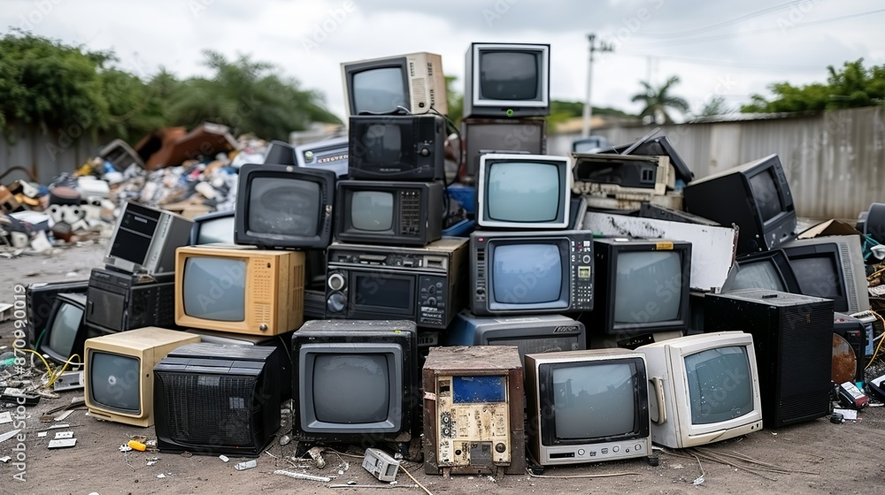 Realistic photo of e-waste disposal site, with piles of discarded ...