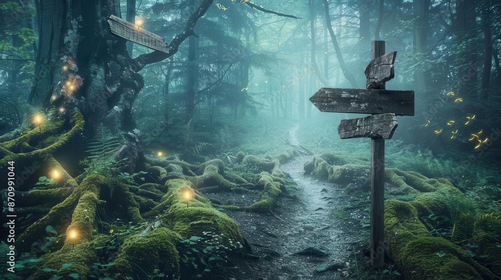 enchanted forest crossroads with weathered wooden signposts pointing to ...