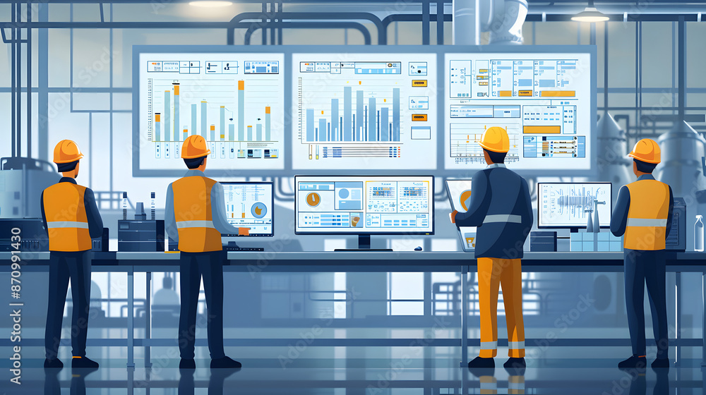 group of engineers control process of production uses computer with modern scada system. team of ...